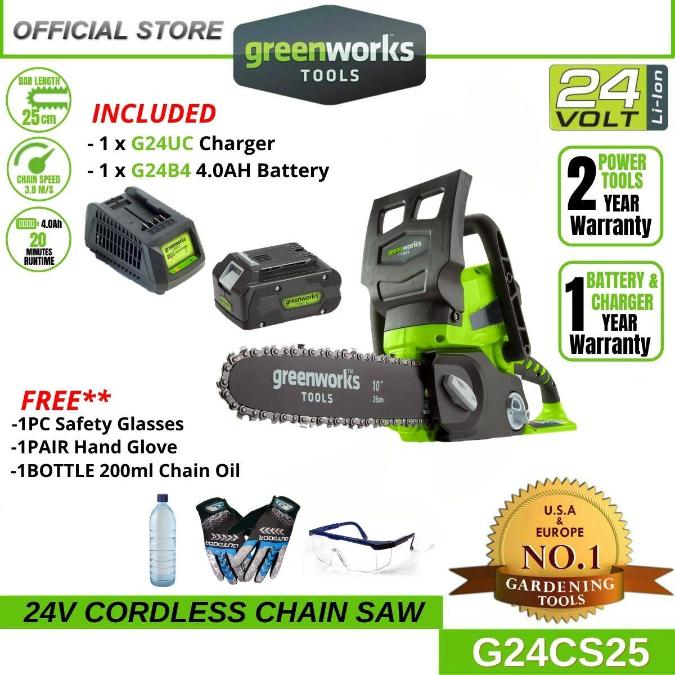 Greenworks G24CS25 24V Cordless 10'' Chainsaw (With 4AH Battery ...